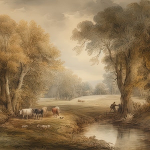 Rustic Rural Painting Wall Mural, Nature Watercolor Landscape Wallpaper ...