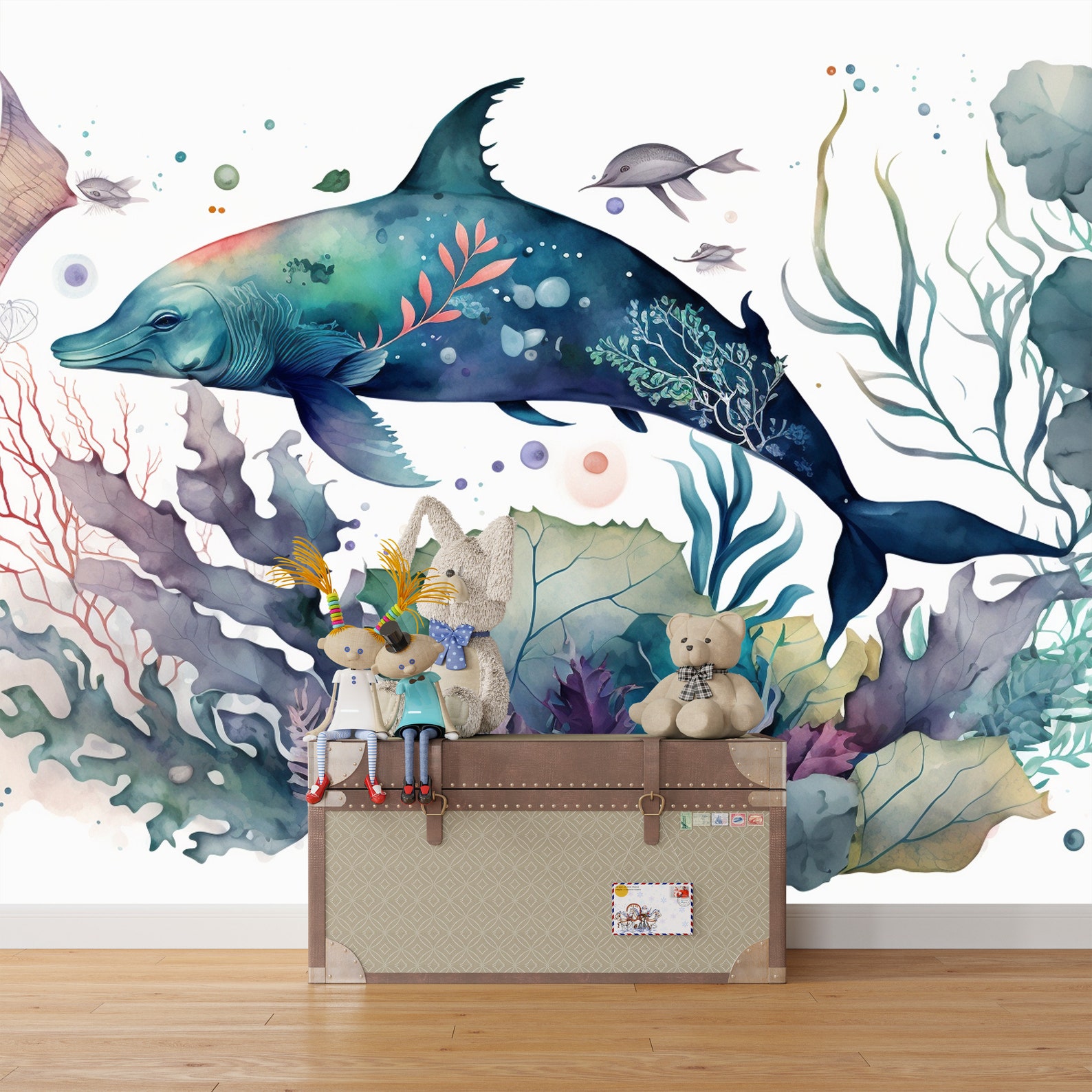 Cute Whale and Fishes in the Ocean Wallpaper for Kids Room and - Etsy