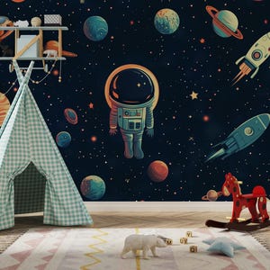 Planet, Rockets and Astronaut Wallpaper for Kids and Nursery Room, Fun ...