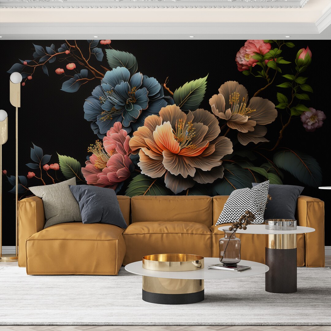 Dark Japanese Flower Boho Wallpaper for Living Room Bedroom. - Etsy