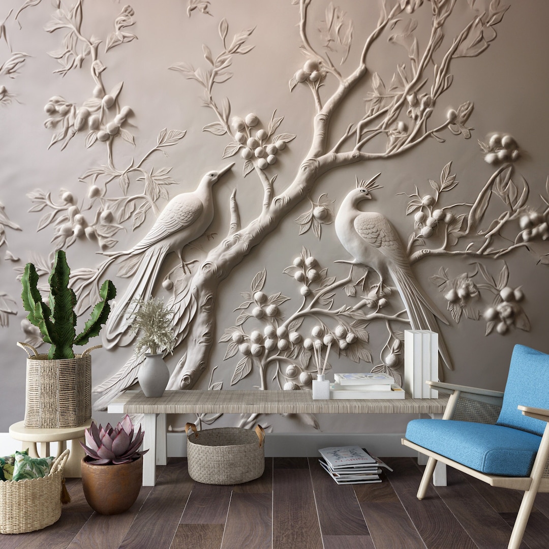 Tree and Birds Relief Wallpaper, Living Room and Bedroom Mural Decor ...