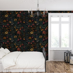 Dark Flowers Ivy Wallpaper, Vintage Botanical Floral Wall Mural ...