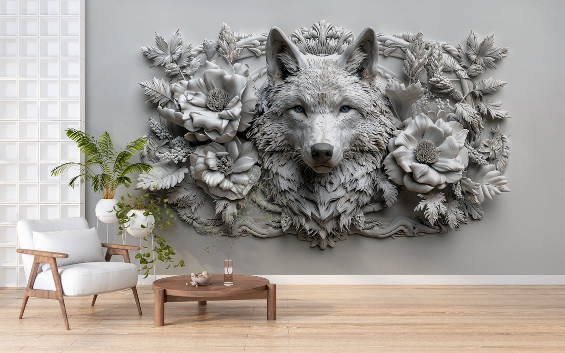 Relief 3D Wolf Wallpaper, Realistic Embossed Look Mural Art Wallpaper ...