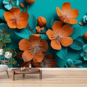 Orange Flowers With Blue Background Wallpaper, 3D Colorful Vibrant ...