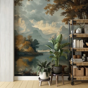 Vintage Scenic Wallpaper, Tree Wall Mural, Retro Landscape Wallpaper ...