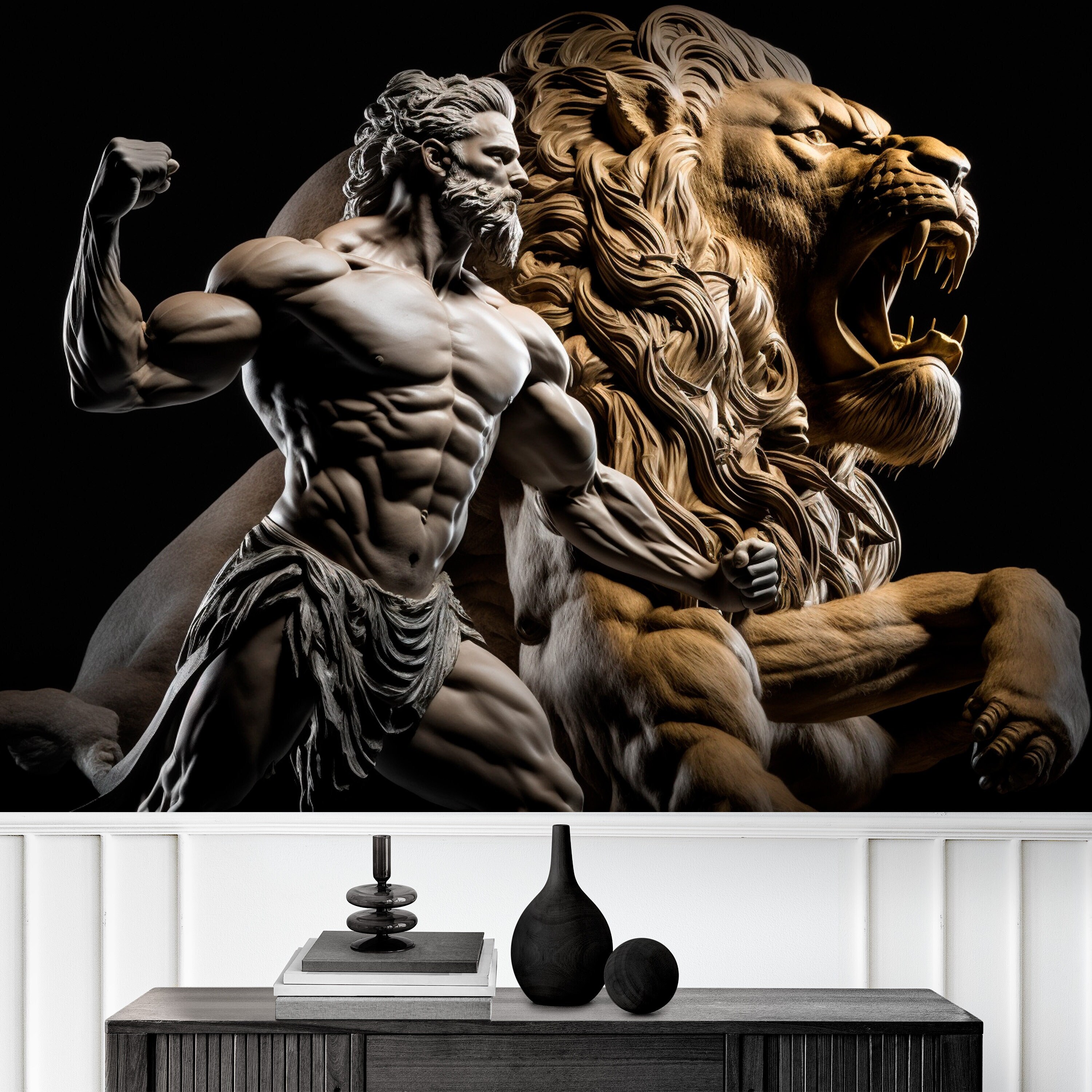 Hercules and the Lion Statue Wallpaper for House and Office Wall, Roman ...