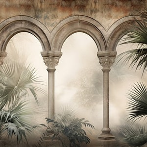 Roman Column Mural Wallpaper, Exotic Plants Wall Art Living Room and ...