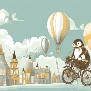 Cycling Penguin Watercolor Nursery Wallpaper, Clouds and Balloons Peel ...