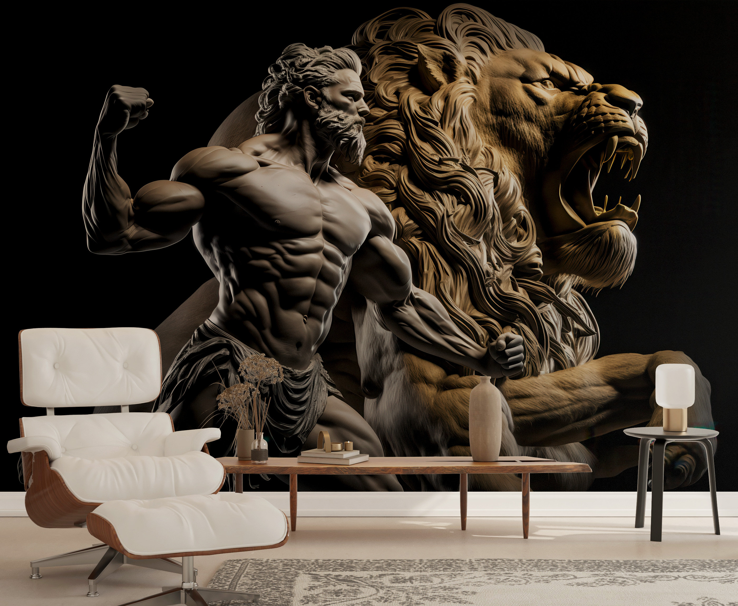 Hercules and the Lion Statue Wallpaper for House and Office Wall, Roman ...
