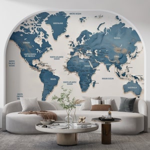 3D Blue World Map Wallpaper, Political World Map Poster, Countries and ...
