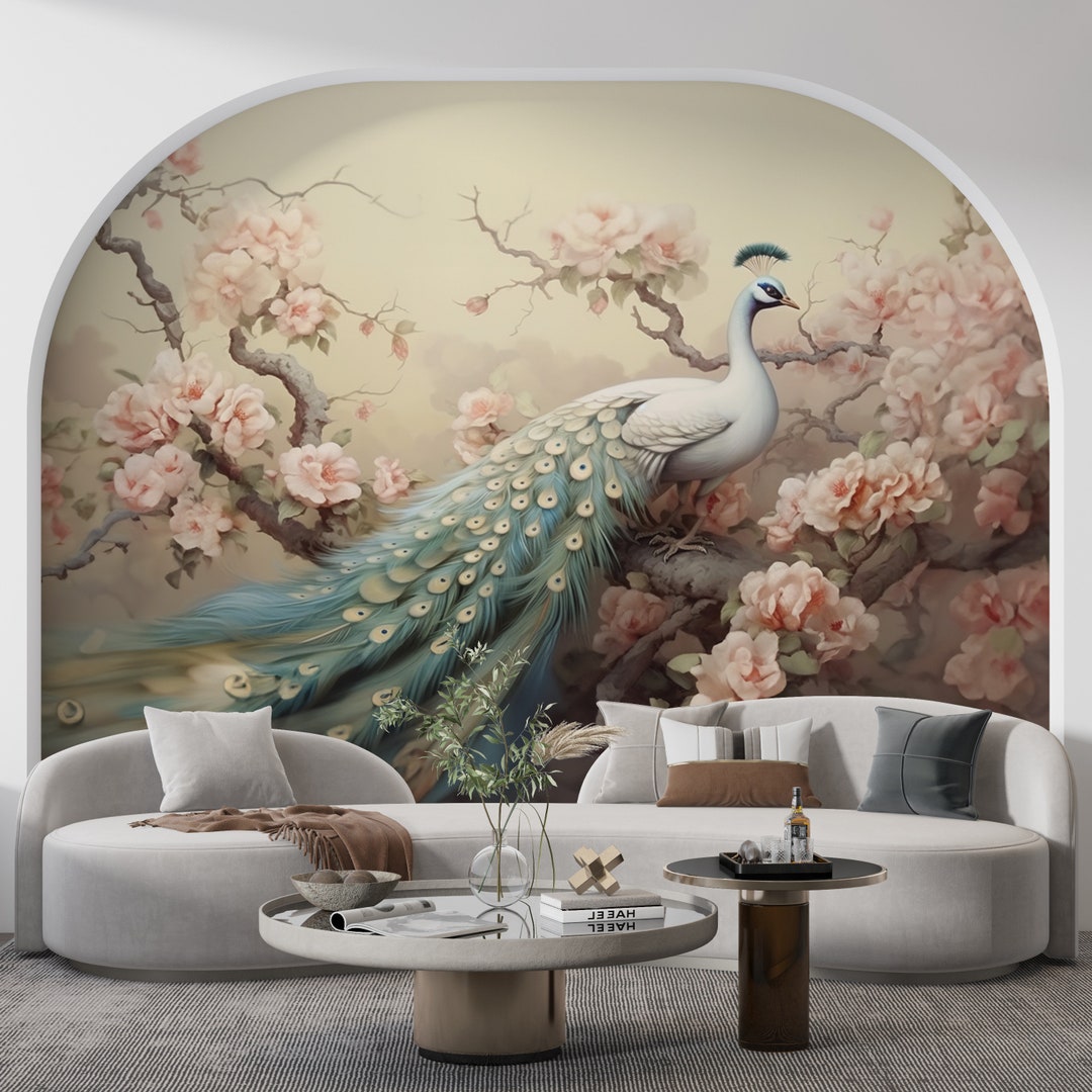 Peacock in Flowers Wallpaper, Bird and Flowers Living Room Bedroom ...