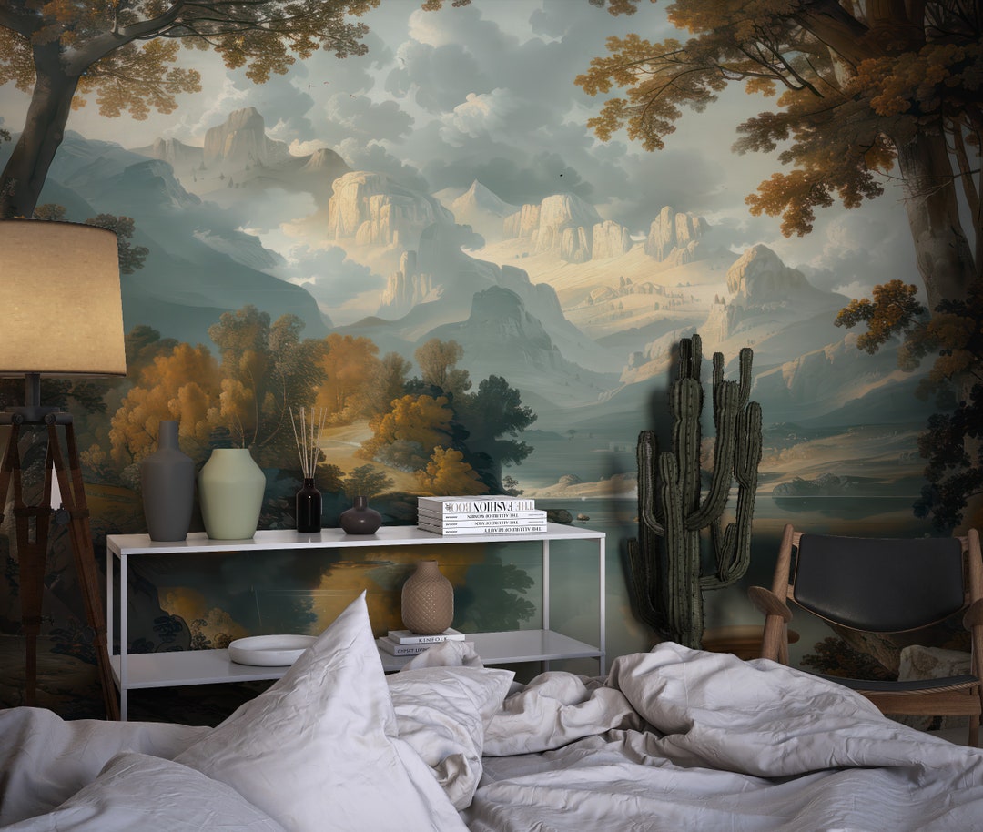Vintage Scenic Wallpaper, Tree Wall Mural, Retro Landscape Wallpaper ...
