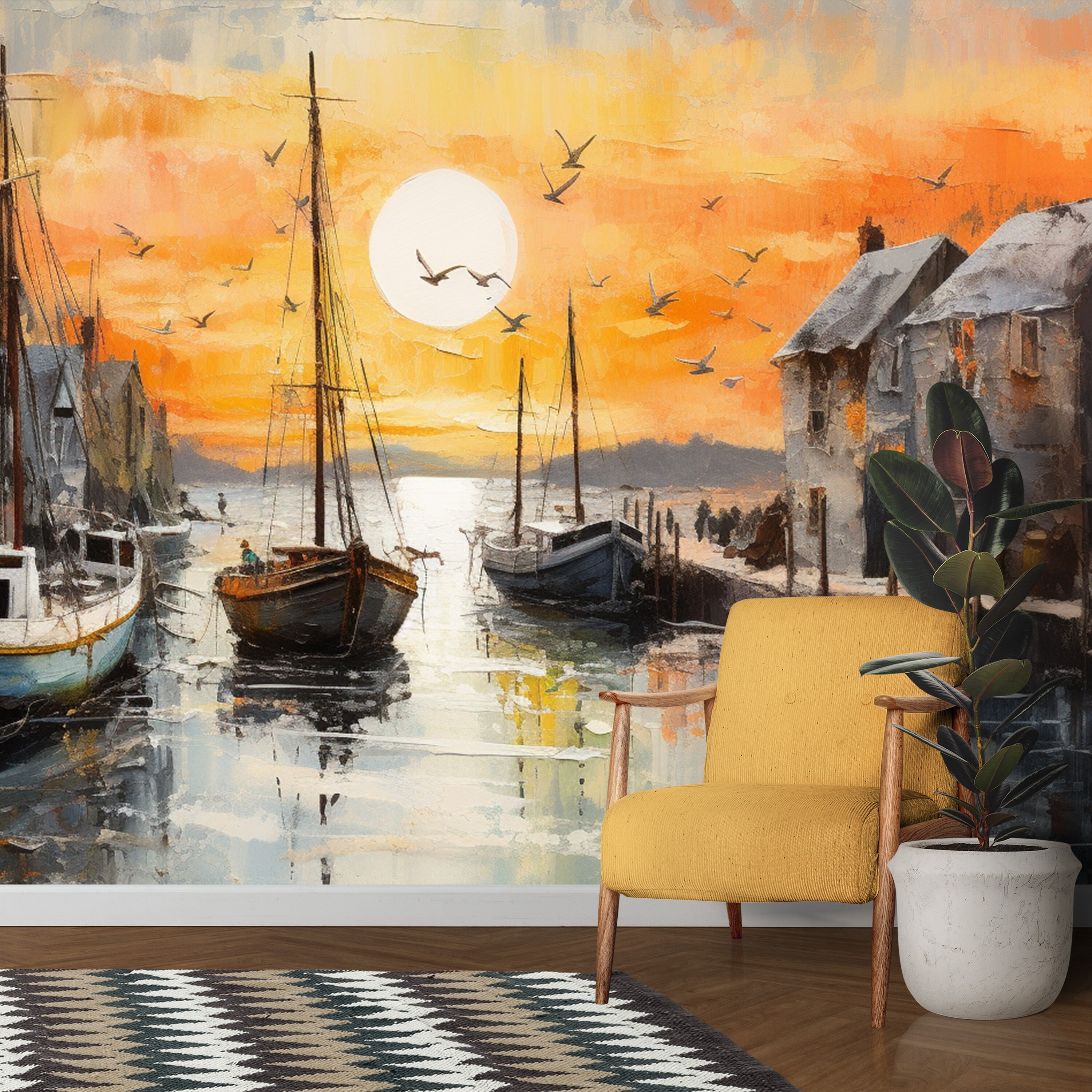 Sunset Wallpaper: Oil Paint Poster Sunset Mural Peel and - Etsy