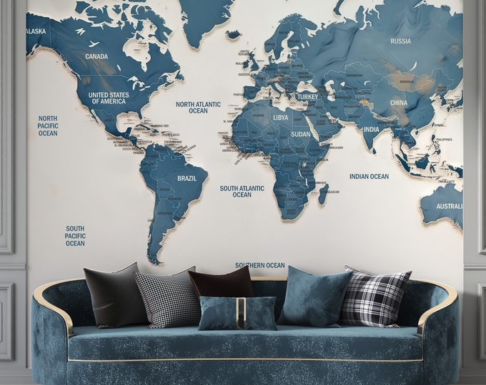 Navy Blue World Map Wallpaper for Home & Office Wall, Countries and ...