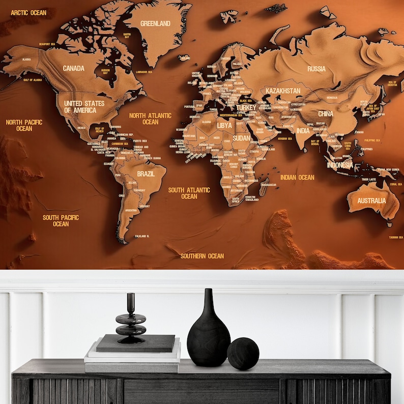 3D Brown World Map Wallpaper Countries Oceans and Seas - Etsy