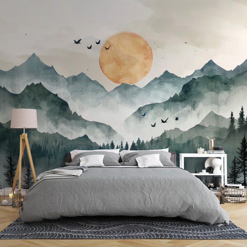 Mountain Wall Mural Sun - Etsy UK