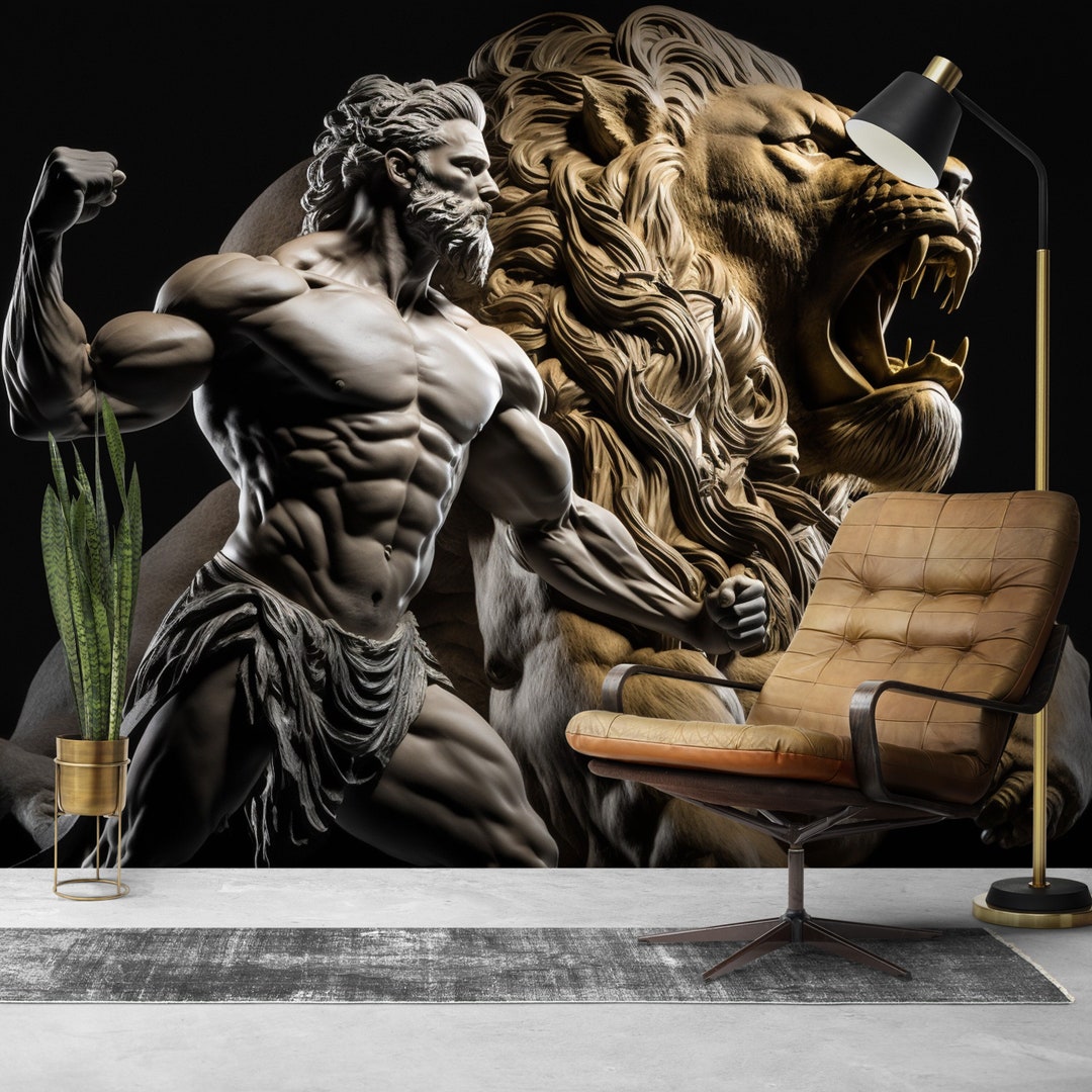 Hercules and the Lion Statue Wallpaper for House and Office Wall, Roman ...