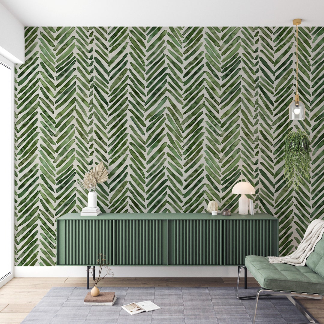 Green Herringbone Wallpaper, Removable Olive Wallpaper, Watercolor ...