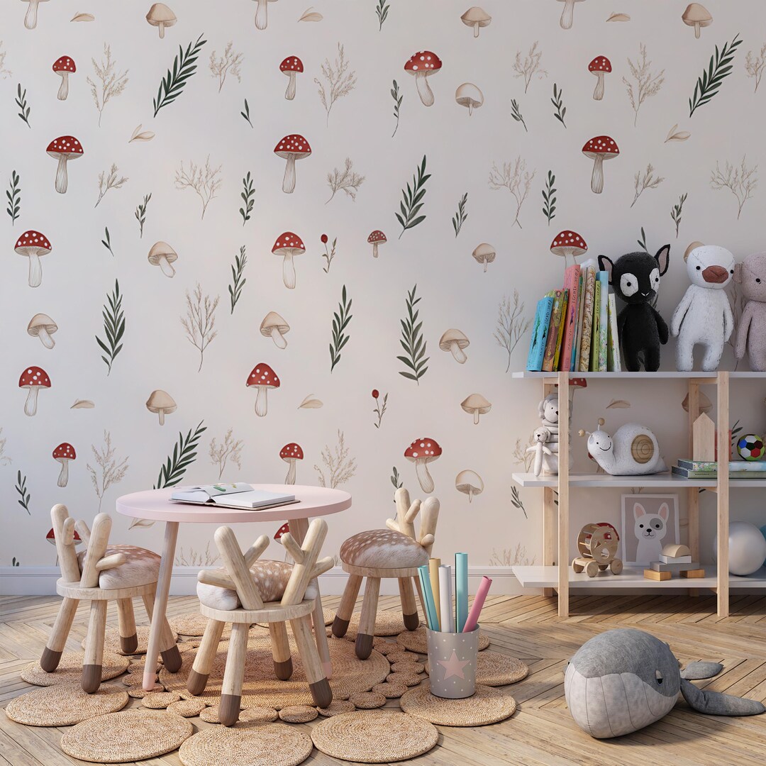 Whimsical Red Mushroom Wallpaper, Woodland Themed Kids Wall Mural ...