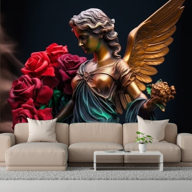 Red Roses Dark Angel Statue Wallpaper Gold Luxurious Design - Etsy