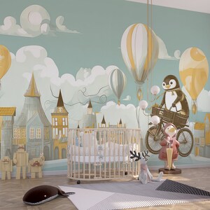 Cycling Penguin Watercolor Nursery Wallpaper, Clouds and Balloons Peel ...