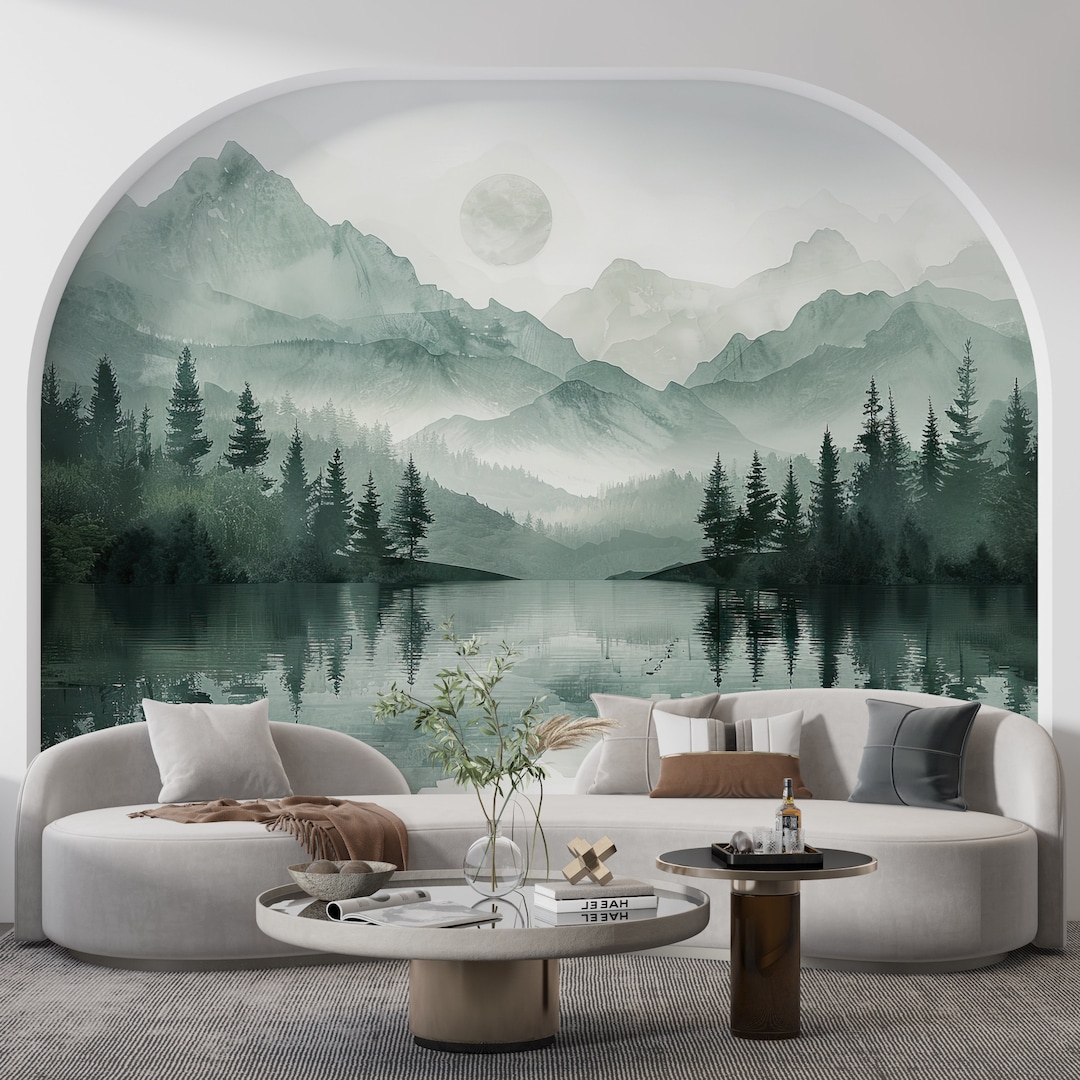 Forest and Mountain Wall Art, Pine Tree Wall Decal, Watercolor ...
