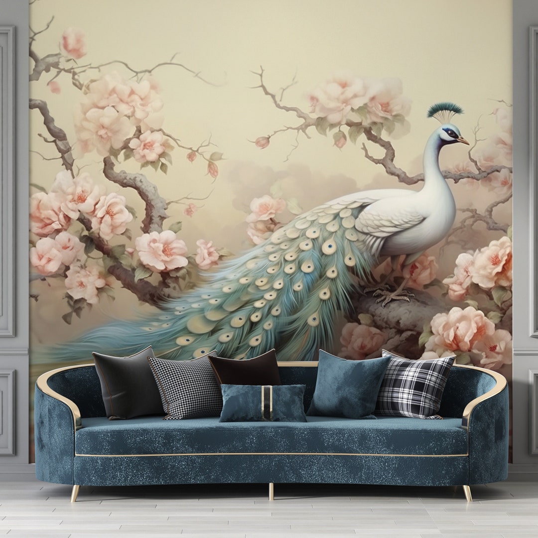 Peacock in Flowers Wallpaper, Bird and Flowers Living Room Bedroom ...