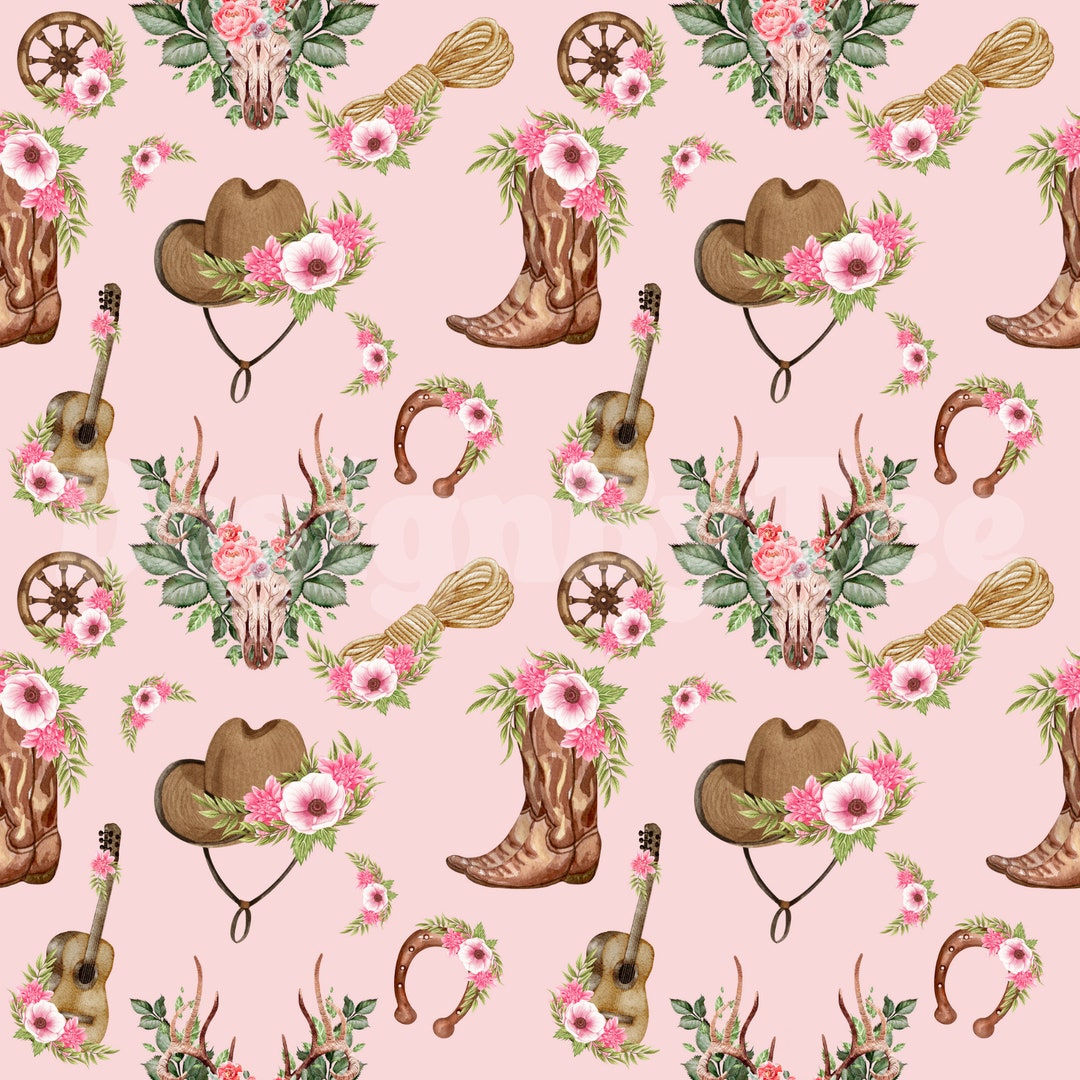 Watercolor Floral Cowboy Hat Seamless Pattern Files for Country Fabric ...