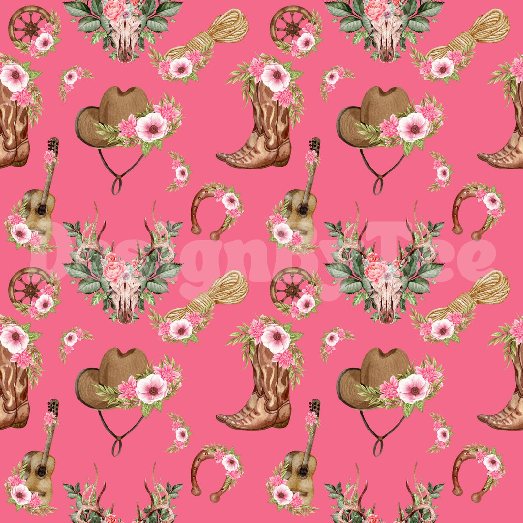 Watercolor Floral Pink Western Cowboy Hat Seamless Pattern Files for ...