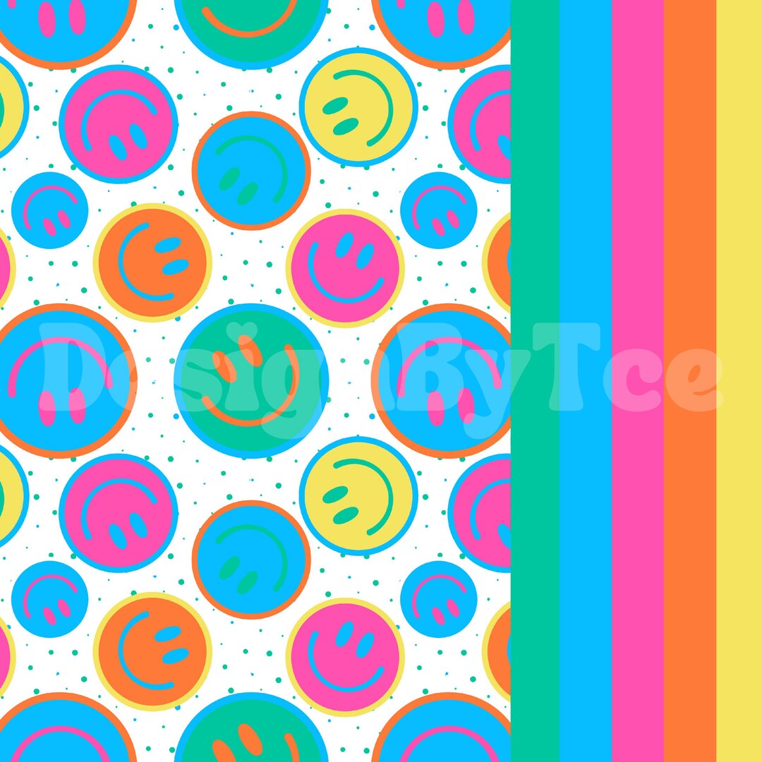 Neon Happy Face Seamless Pattern: Summer Fabric Design (digital ...