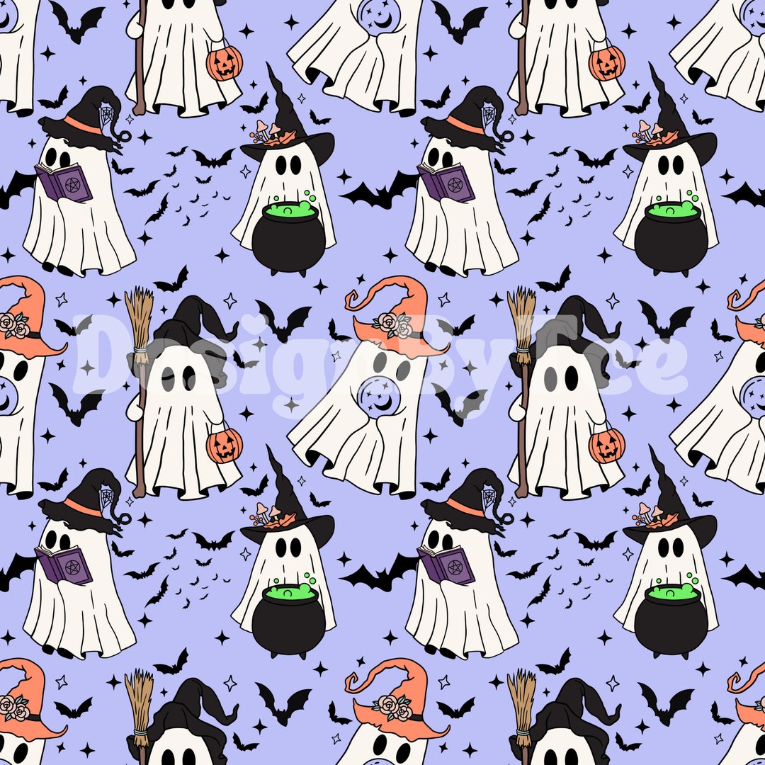 Cute Witch Ghost With Bats Seamless Pattern Files for Halloween Fabric ...