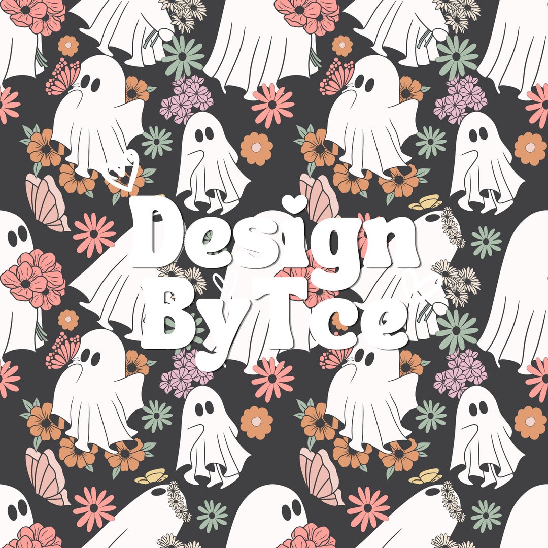 Boho Floral Ghost Halloween Seamless Pattern: Fabric Printing File ...