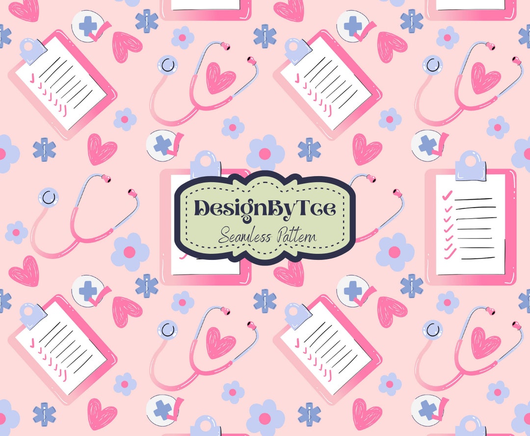 Floral Pink Nurse Seamless Pattern: Stethoscope Fabric Design (digital ...
