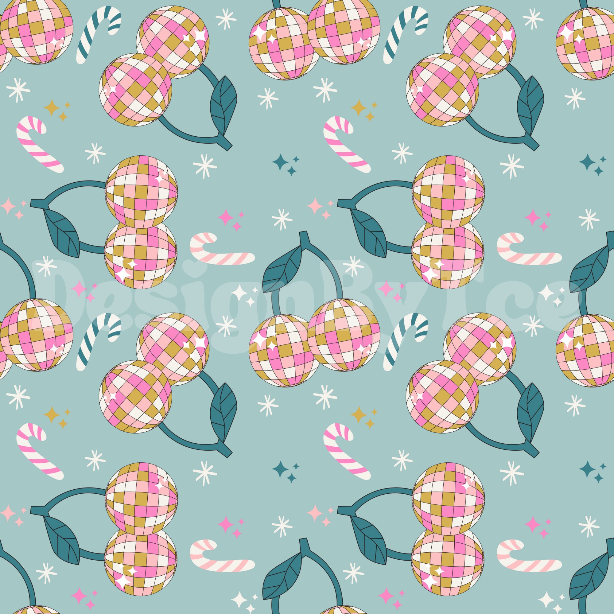 Christmas Disco Ball Cherry Seamless Pattern: Candy Cane Fabric ...