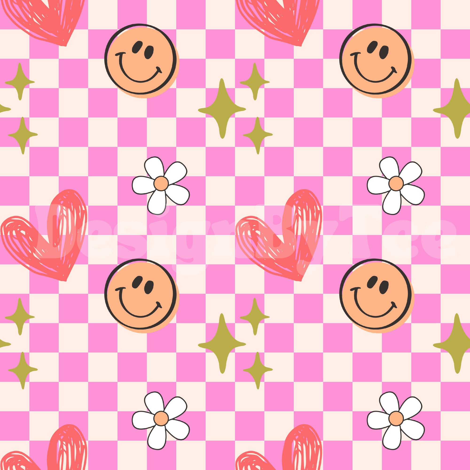 Retro Pink Happy Face Seamless Pattern: Daisy Heart Fabric Design ...