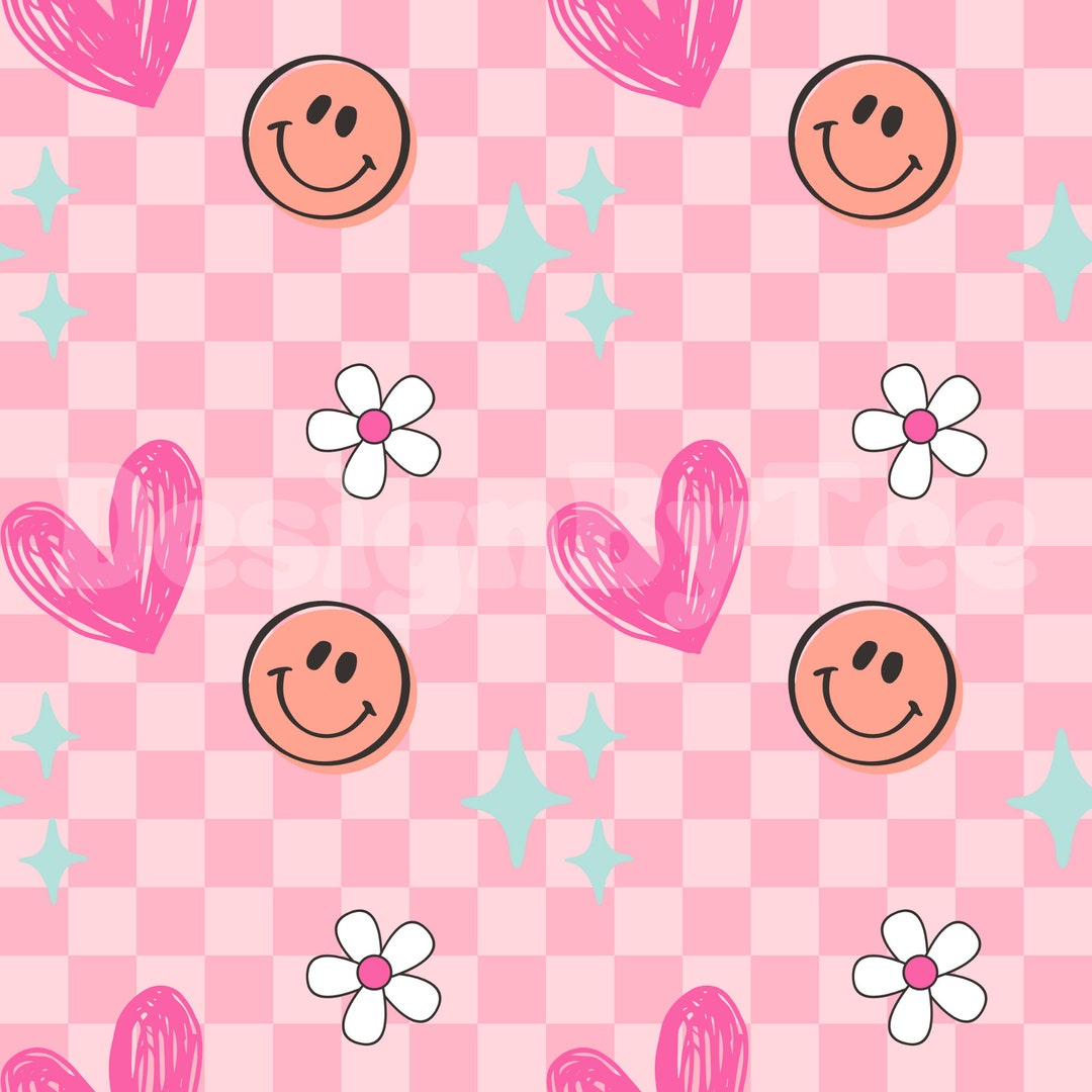 DOODLE PINK Happy Face Bright Seamless Pattern Files for Checkerboard ...