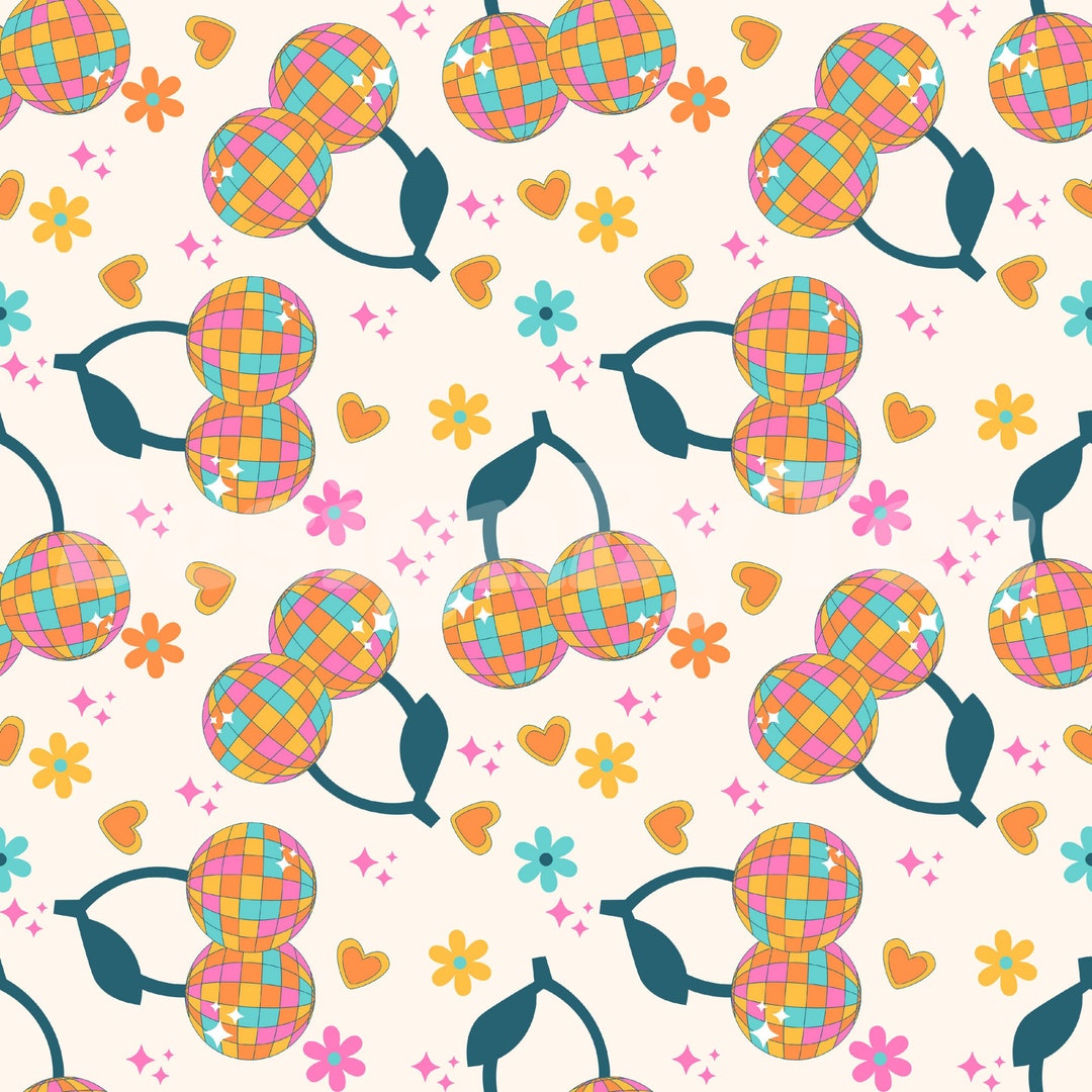 Disco Ball Cherry With Daisy Retro Summer Pastel Seamless Pattern Files ...