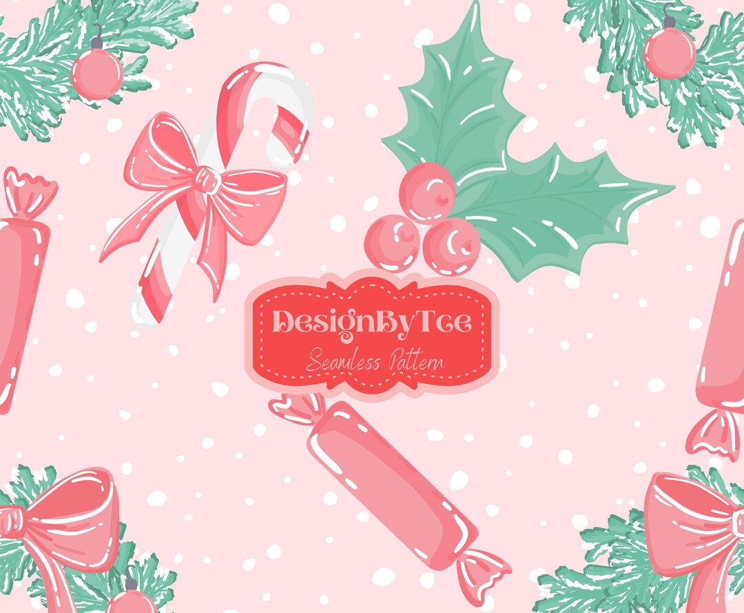 Candy Cane Winter Seamless Pattern: Pink Berries Fabric Design (digital ...
