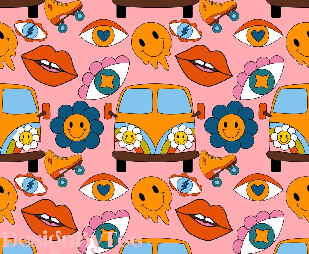 Groovy Retro Floral Bus With Roller Skate and Rainbow Seamless Pattern ...