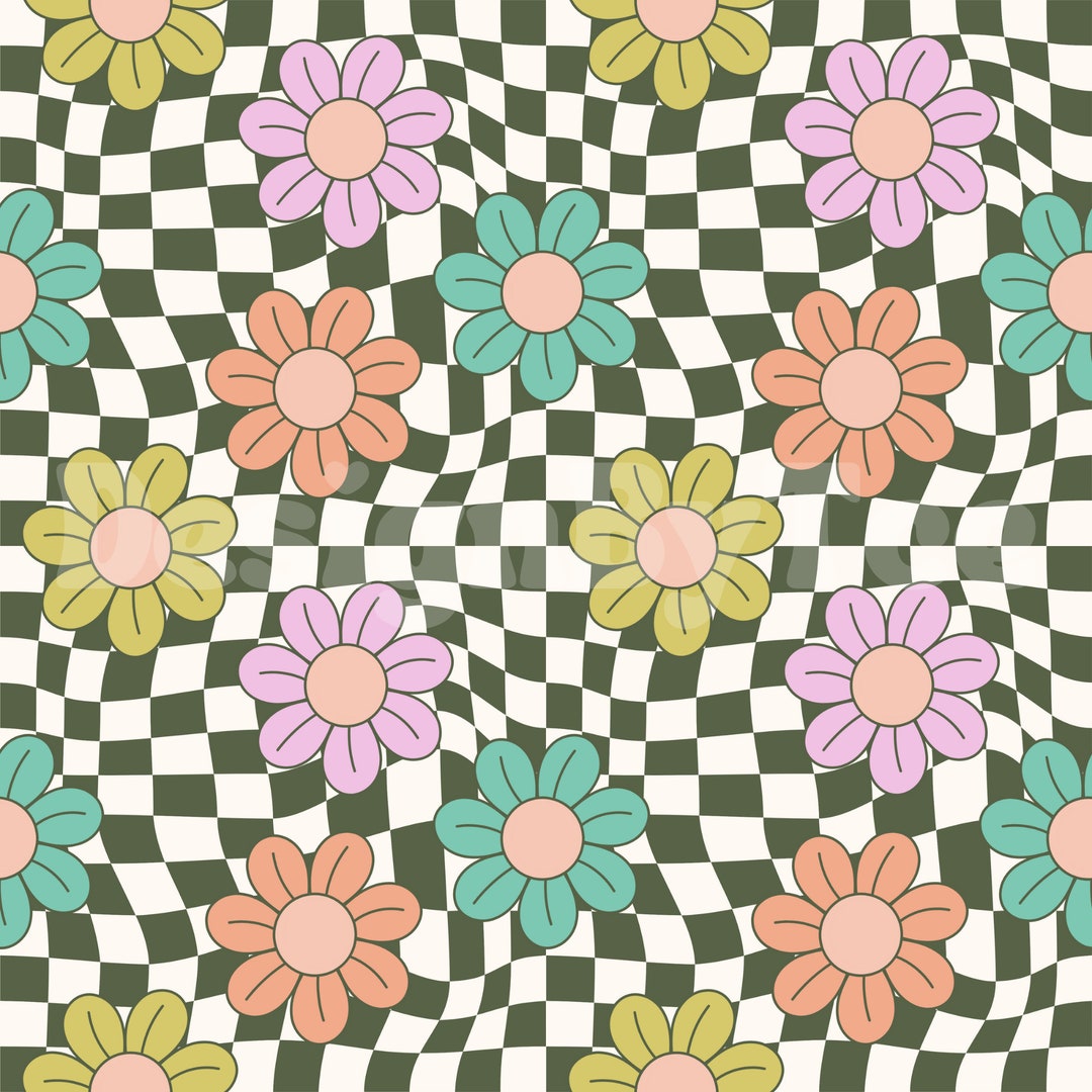 Retro Daisy Wavy Checkered Seamless Pattern Files for Fabric Printing ...