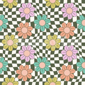 Retro Daisy Wavy Checkered Seamless Pattern Files for Fabric Printing ...