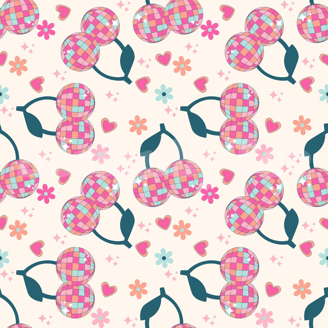 Retro Disco Ball Cherry Seamless Pattern: Summer Fabric Design (digital ...