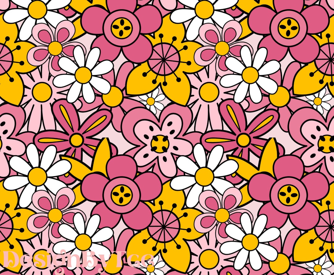 Pink and Yellow Flowers Doodle Seamless Pattern Files for Fabric ...