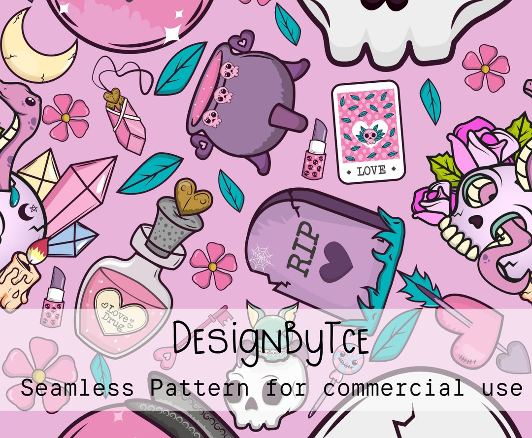 Kawaii Cute Pink Creepy Skull Seamless Pattern Files for Pink Halloween ...