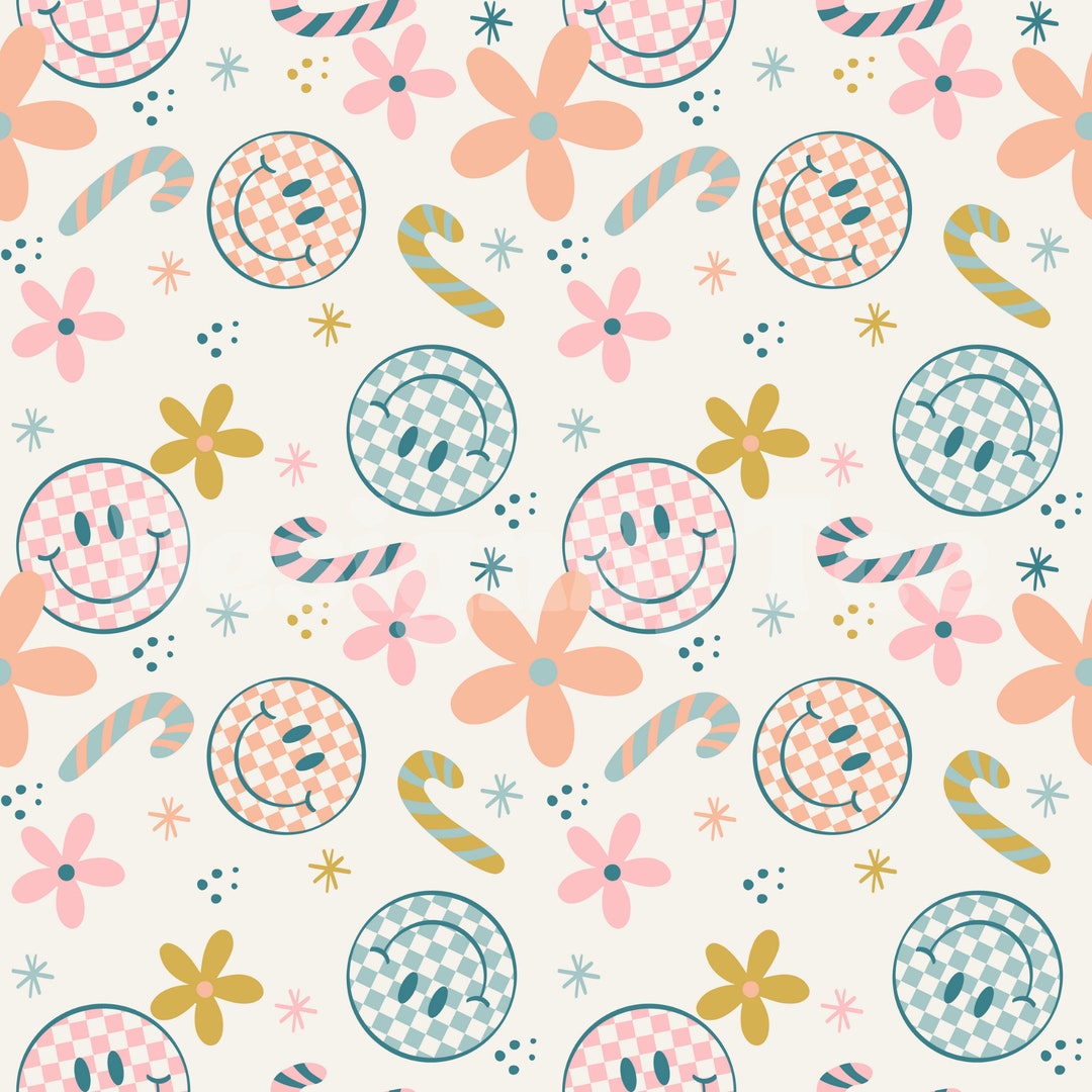Checkered Happy Face With Candy Cane Seamless Pattern Files for Pastel ...