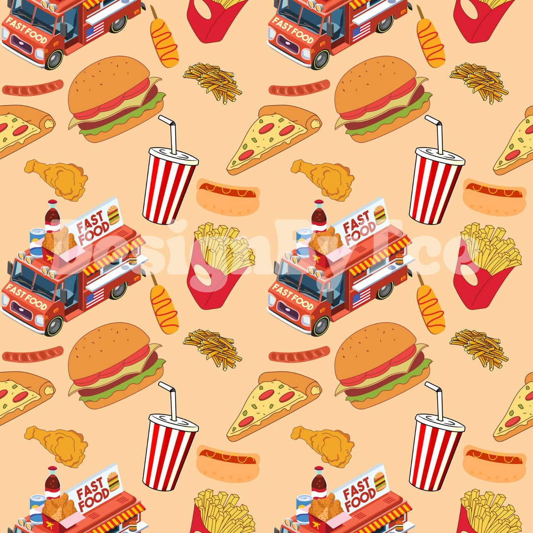 Fast Food Pizza, Sausage, Cola, Hamburger, Potato Seamless Pattern ...