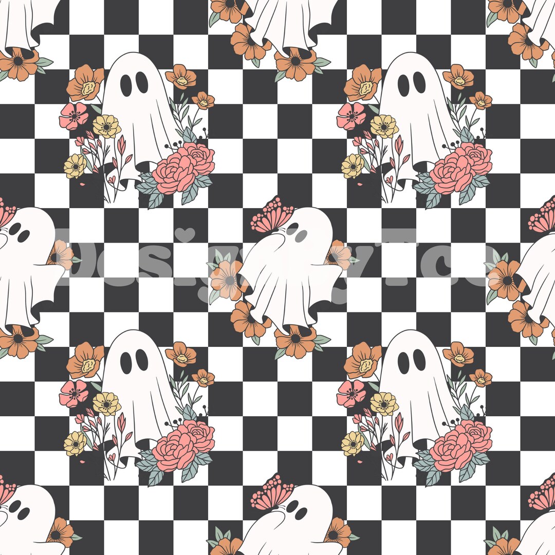 Floral Cute Ghost With Checkered Halloween Seamless Pattern Files for ...