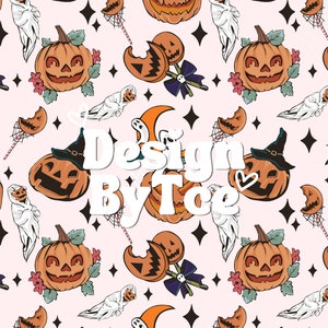 Spooky Ghost & Pumpkin Seamless Pattern: Boho Halloween Fabric (digital ...