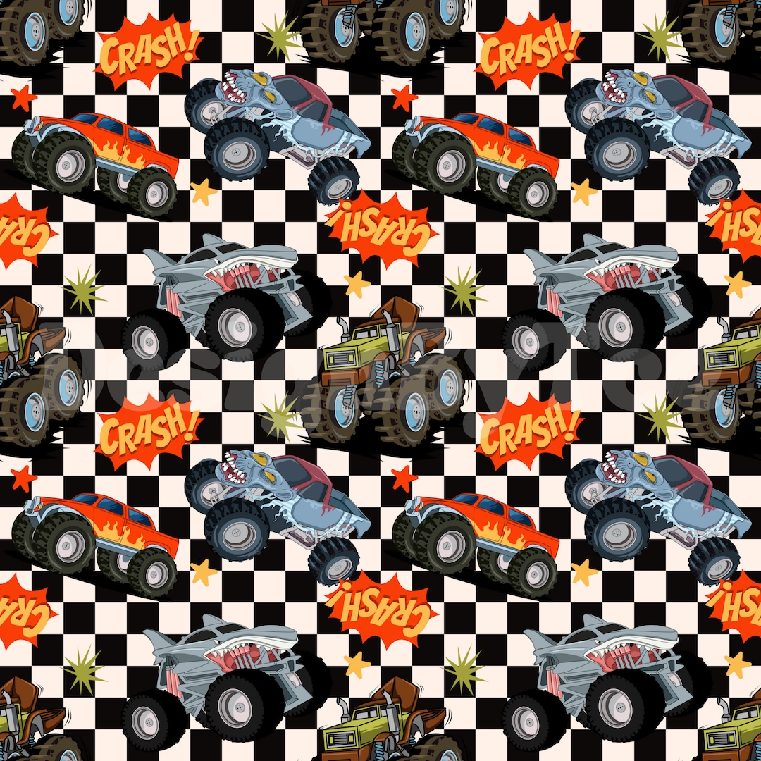 Monster Truck Checkered Seamless Pattern Files for Boys Fabric Printing ...