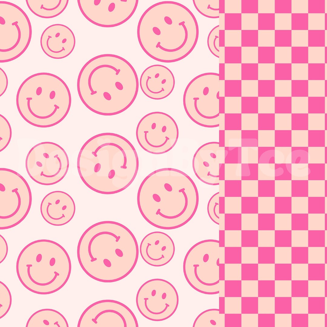 Summer Pink Girls Happy Face With Checkered Match Seamless Pattern ...